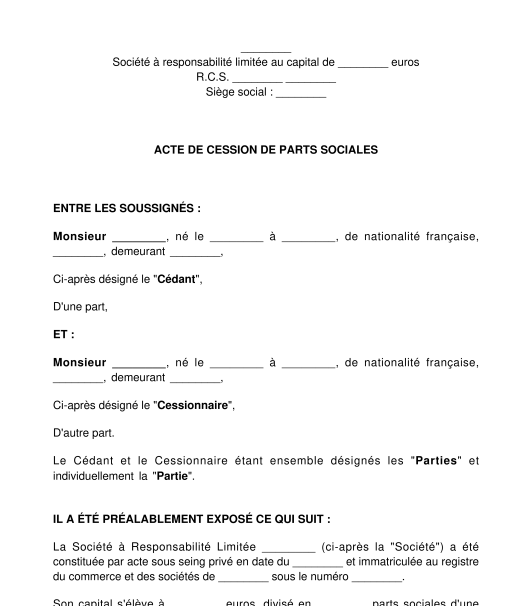 Acte de Cession de Titres (Parts Sociales ou Actions)