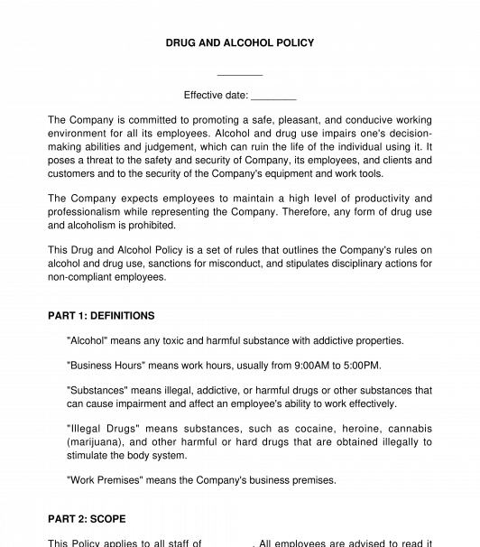 Employee Drug And Alcohol Policy Sample Template