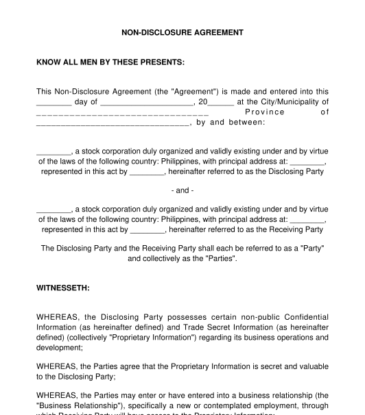 Non Disclosure Agreement NDA Sample Template