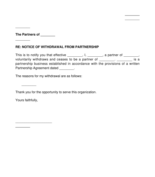 Notice Of Withdrawal From Partnership Sample Template