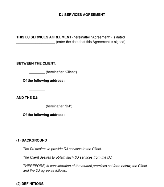 DJ Agreement - Sample Template to Fill out Word and PDF