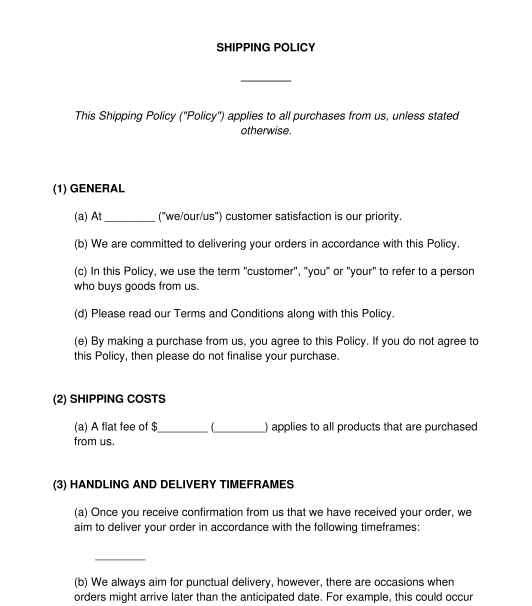 Shipping Policy - Sample Template Online - Word and PDF