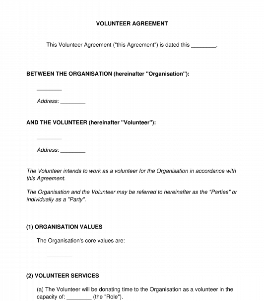 Volunteer Agreement - Sample Template - Word and PDF