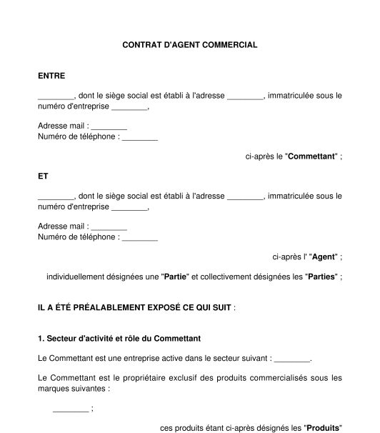 Contrat d'Agent Commercial - Modèle, Exemple