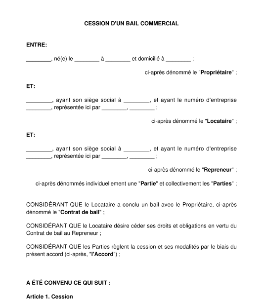 Contrat de Cession d'un Bail Commercial - Modèle