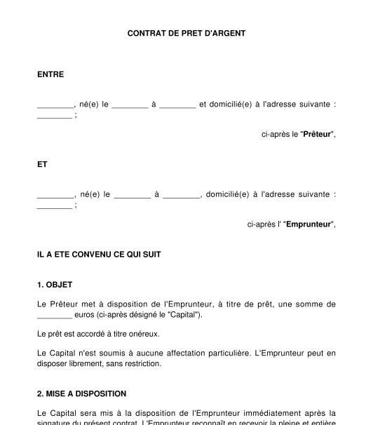 Contrat de Prêt d'Argent par un Particulier - Modèle