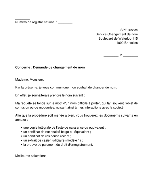 Demande de Changement de Nom ou de Prénom - Modèle