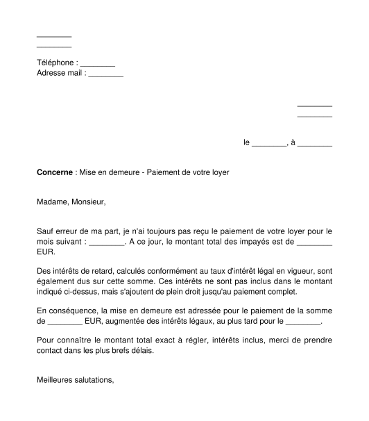 Lettre de Mise en Demeure pour Loyer Impayé - Modèle
