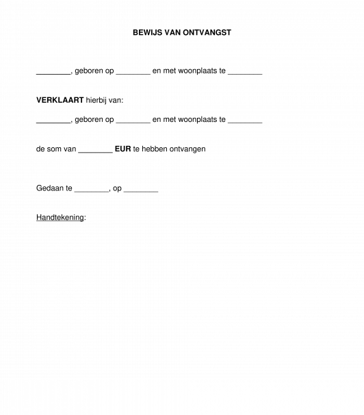 Bewijs van ontvangst van geld of een zaak - model