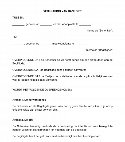 Handgift of bankgift - model, voorbeeld - Word en PDF