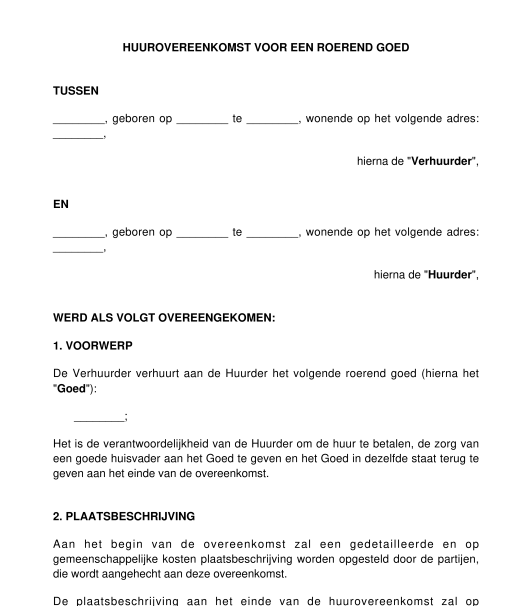 Huurovereenkomst voor een roerend goed - model