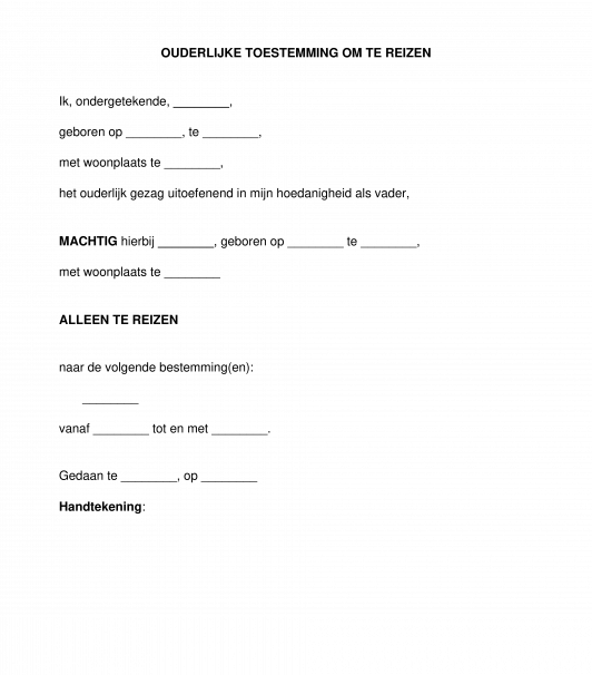 Ouderlijke toestemming om te reizen - model, voorbeeld