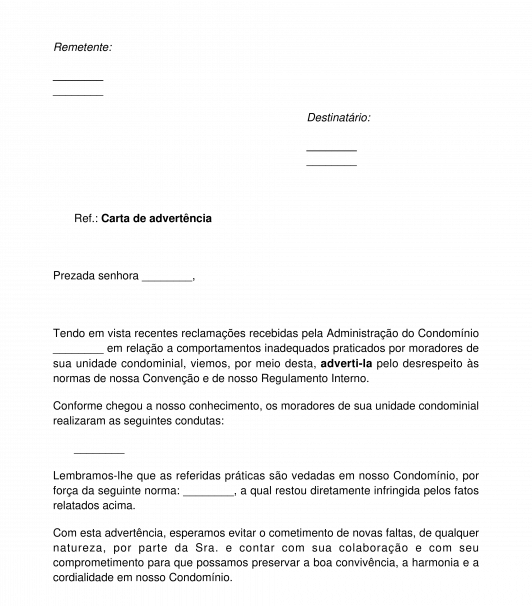 Carta de Advertência ao Condômino - Modelo - Word e PDF