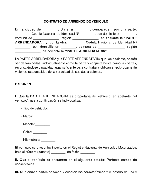 Contrato de Arriendo de Vehículo - Modelo | Word y PDF