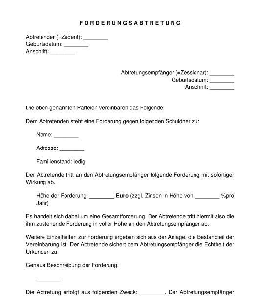 Abtretung einer Forderung - Muster, Vorlage Word PDF Abtretung einer Forderung - Muster, Vorlage Word PDF