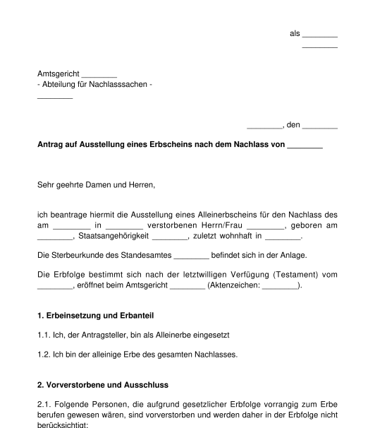Antrag auf einen Erbschein - Muster, Vorlage Word PDF