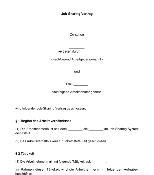 Job-Sharing Vertrag - Muster, Vorlage - Word und PDF