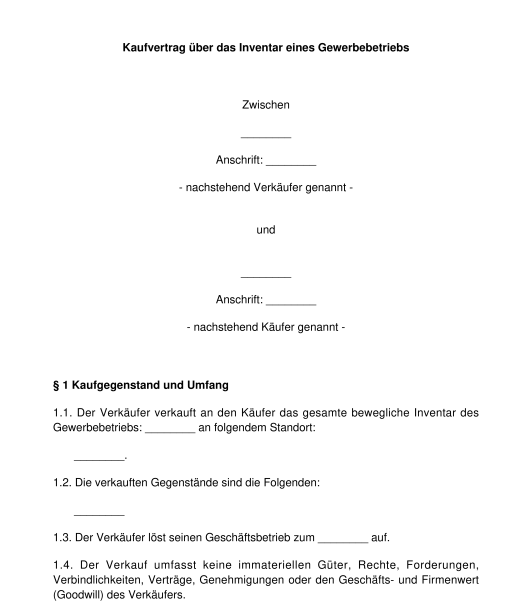 Kaufvertrag - Inventar Gewerbebetrieb - Muster Word PDF