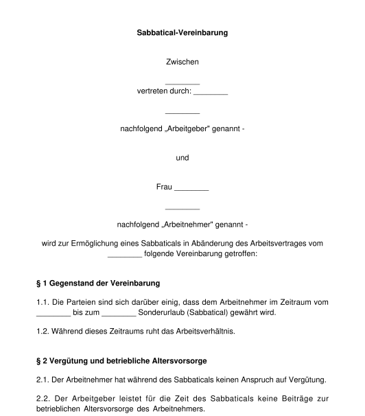 Sabbatical Vereinbarung - Muster, Vorlage, Word und PDF