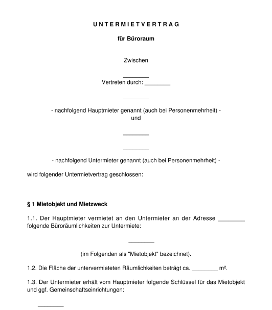 Untermietvertrag - Büroraum - Muster, Vorlage Word PDF