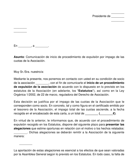 Carta para Expulsar a un Socio de una Asociación