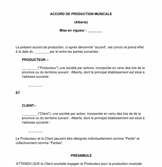 Accord de Production Artistique - Modèle - Word et PDF