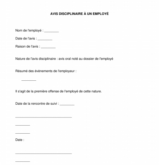 Avis Disciplinaire à un Employé - Modèle - Word et PDF