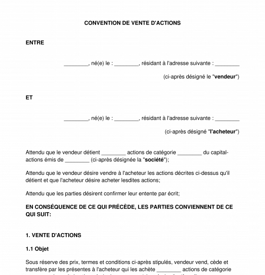 Convention de Vente d'Actions - Modèle - Word et PDF