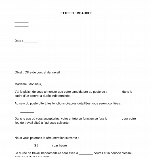 Lettre d'Embauche - Modèle, Exemple Word et PDF