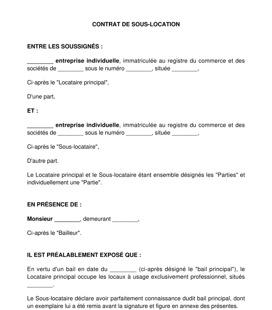 Contrat de Sous-Location de Bail Professionnel - Modèle