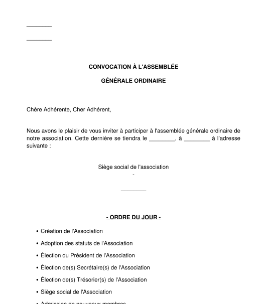Convocation à l'Assemblée Générale d'une Association