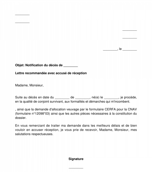 Lettre de Demande de l'Allocation Veuvage / Pension de Réversion à la ...