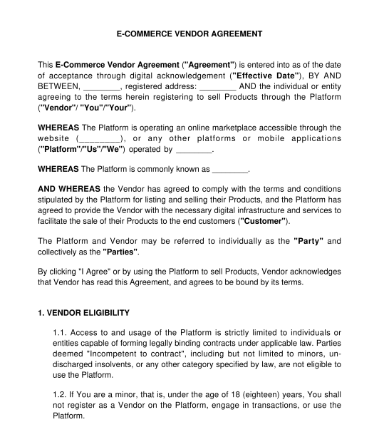 E-Commerce Vendor Agreement - Template - Word & PDF
