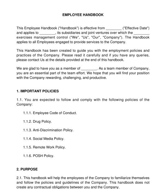 Employee Handbook - Sample, Template - Word & PDF