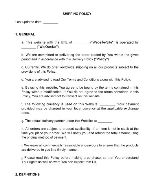 Shipping Policy for the Website - Sample, Template