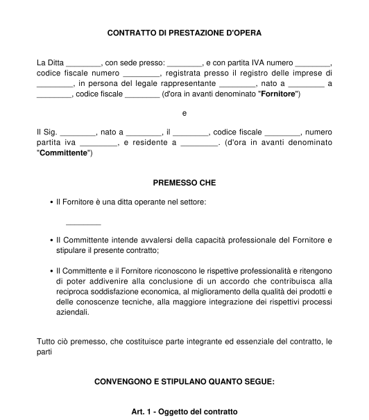 Contratto di Prestazione d'Opera - Modello - Word e PDF