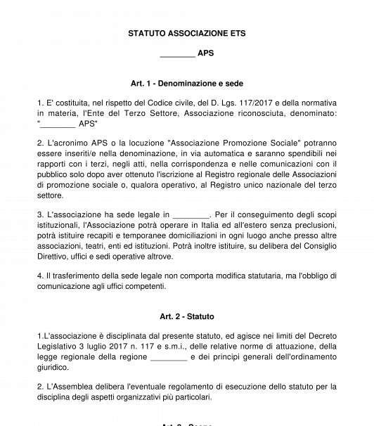 Statuto Associazione Promozione Sociale - Ente terzo Settore