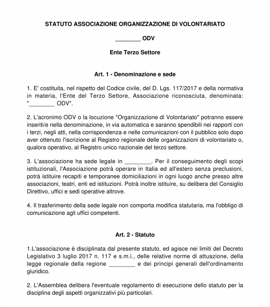 Statuto Organizzazione di Volontariato - Ente terzo Settore