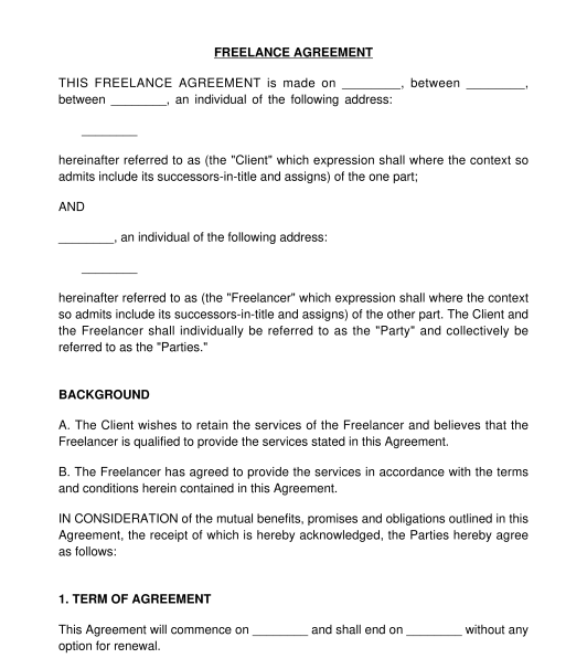 Freelance Agreement - Sample Template - Word and PDF