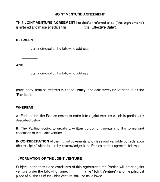 Joint Venture Agreement - Sample Template