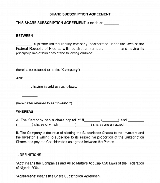 Share Subscription Agreement - Sample Template