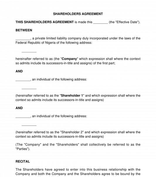 Shareholders Agreement - Sample Template - Word and PDF