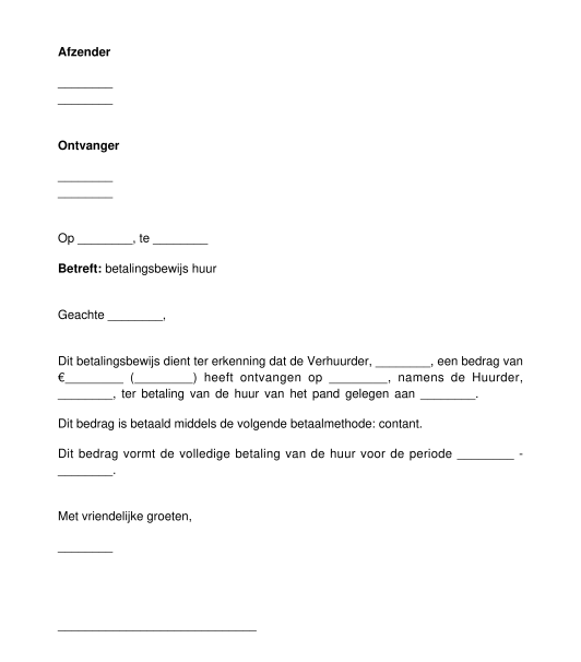 Brief betalingsbewijs van de huur - model, voorbeeld