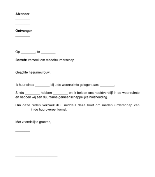 Verzoekbrief medehuurderschap - model, voorbeeld