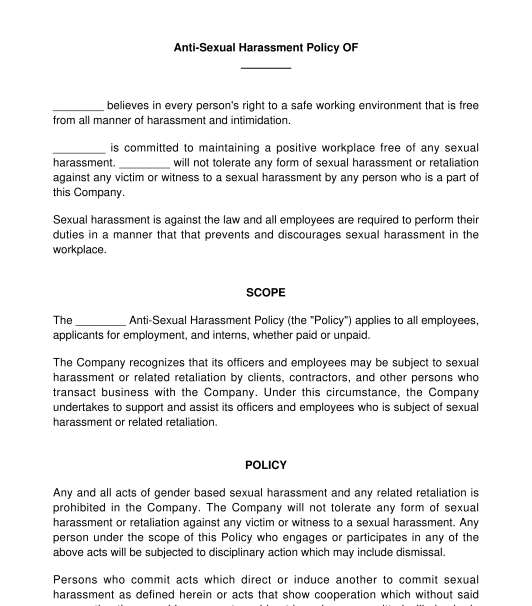 Anti-Sexual Harassment Policy - Sample Template