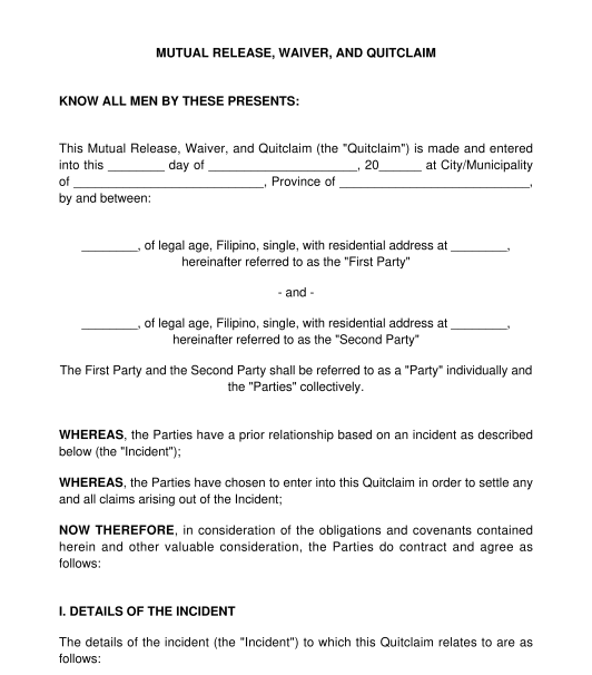 Mutual Release, Waiver, and Quitclaim - Sample Template