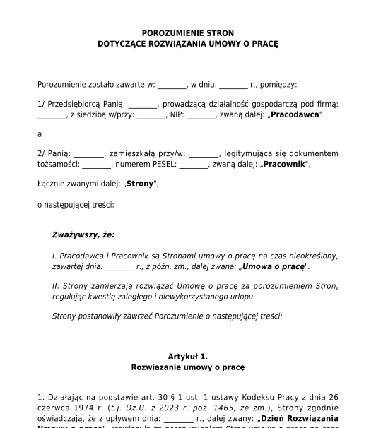 Porozumienie w sprawie rozwiązania umowy o pracę - wzór