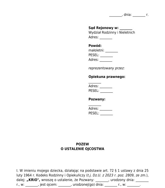 Pozew o ustalenie ojcostwa - wzór, przykład