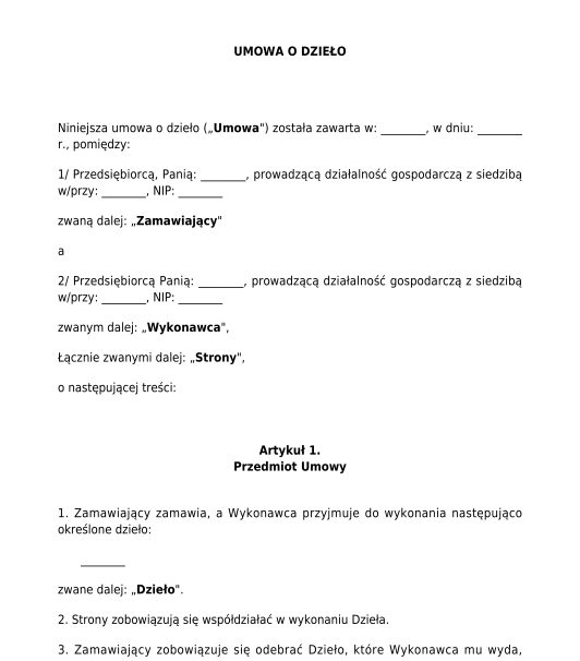 Umowa o dzieło - wzór, przykład online - Word i PDF