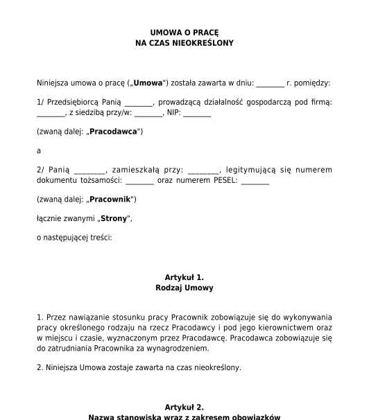 Umowa o pracę - wzór, przykład online - Word i PDF